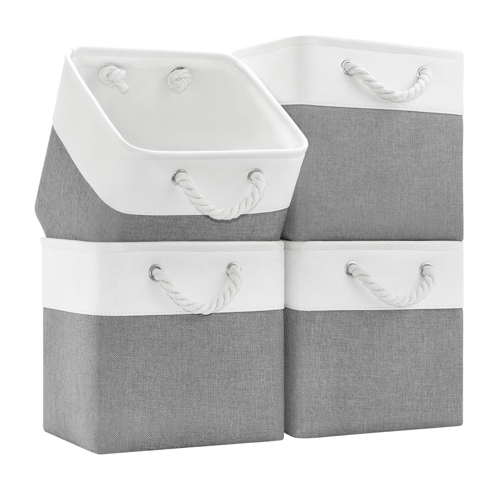 Patvingot 11x11 Cube Storage Bins,4 Pack Foldable Fabric Cube Organizer Bins with Rope Handles ,Storage Cubes for Organizing Bedroom, Living Room, Clothes and Toys, Shelves and Closet (White&Gray)