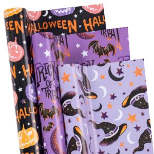 RUSPEPA Halloween Wrapping Paper Rolls - Mini Roll - Perfect for Halloween, Autumn, Holiday - 17 inches x 10 feet per Roll, Total of 3 Rolls - Bat, Pumpkin, Witch Hat