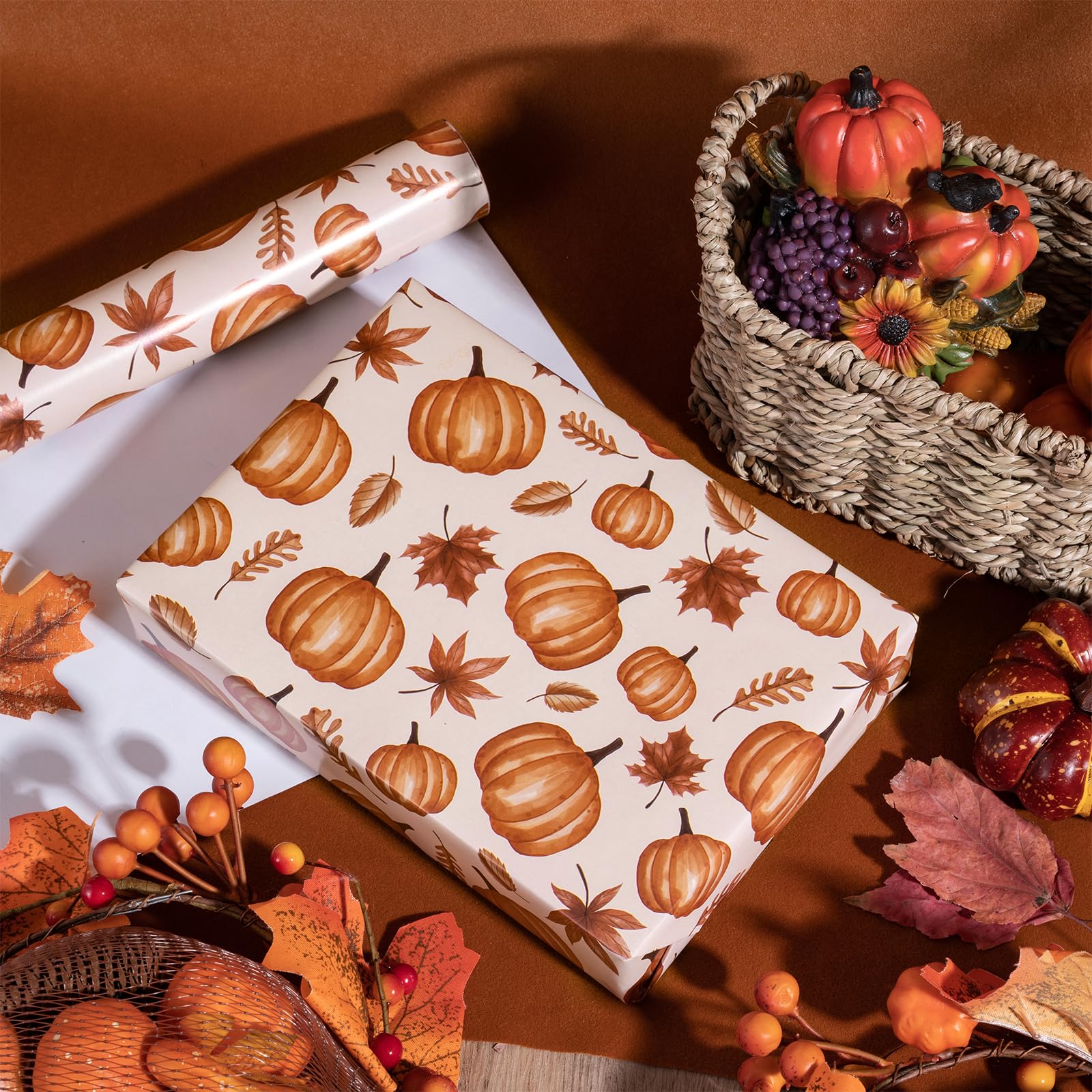 RUSPEPA Fall Wrapping Paper Roll - Mini Roll - Pumpkin Design Great for Thanksgiving, Autumn, Holiday and Party - 17 Inches X 32.8 Feet