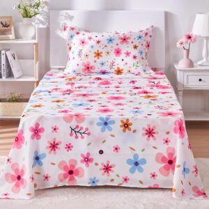 Cozyholy Twin Sheets Set Colorful Floral Bed Sheets Set Girls Cute Soft Microfiber Cooling Sheets 3 Pieces Kids Twin Size Bed Set Wrinkle Free, 15 inch Deep Pocket Fitted Sheet, Flat Sheet, Pillowcase