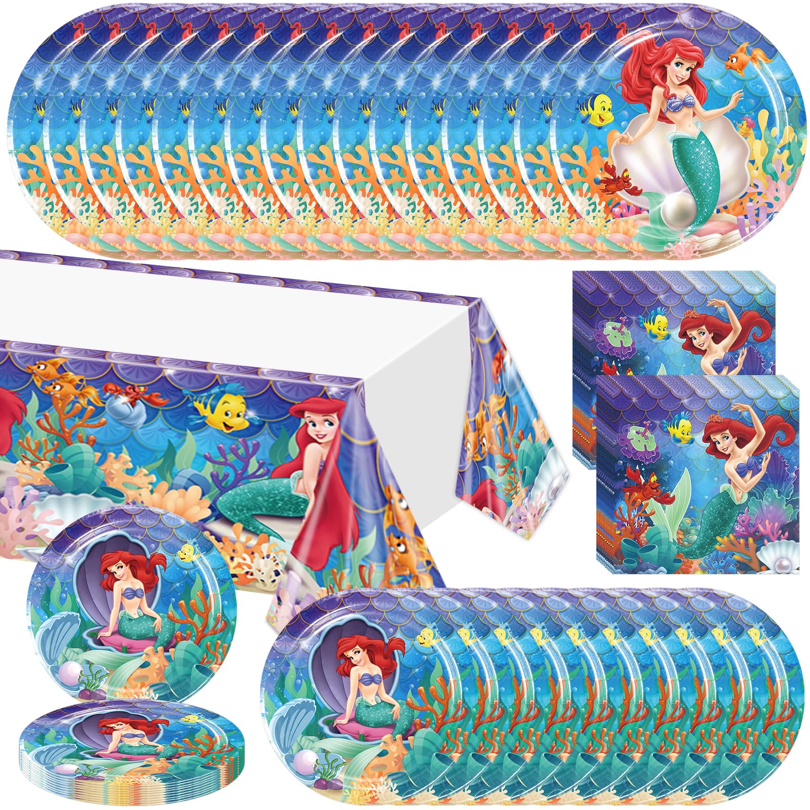 61 PCS PCS Mermaid Birthday Party Supplies, Princess Ariel Tableware Set Includes 40 PCS Plates, 20 PCS Napkins, 1 Tablecloth, for Boys Girls Birthday Party Baby Shower Decorations