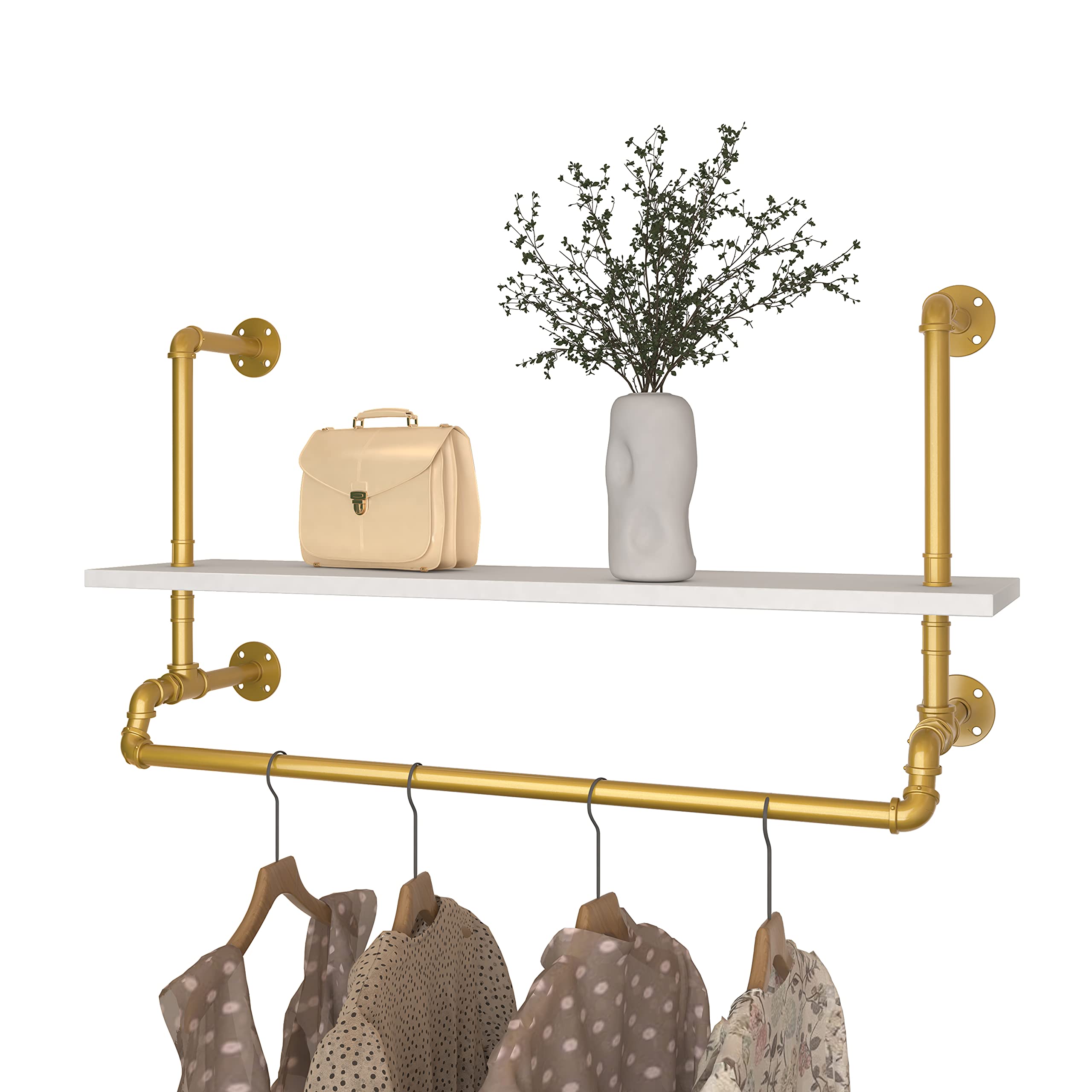 HOMEKAYT Industrial Pipe Clothing Rack Wall Mounted Gold Clothes Rack with Wooden Shelf Vintage Hanging Rack for Bedroom, Living room