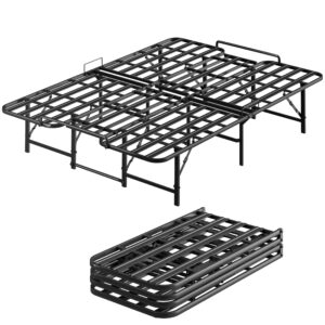 queen foldable bed frame, 14.2" high portable metal platform bed frame with tool free setup, queen size collapsible sturdy steel frame, no box spring needed, black