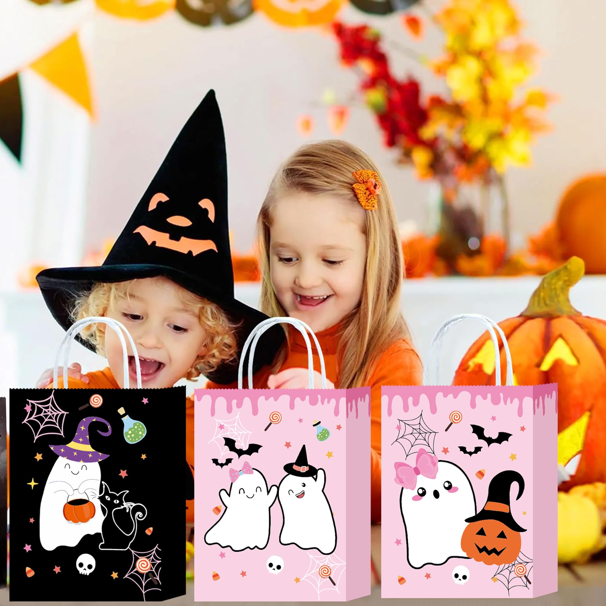 Keioy Halloween Paper Gift Bags 24 Pack, Halloween Themed Treat Bags with 4 Unique Designs (6 Pcs Each) for Happy Boo Day, Pumpkin Gifts, Ghost Party Favors, Perfect Halloween Goody Bags for Parties