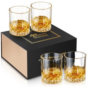 hlukana old fashioned whiskey glasses set of 4, 11 oz cocktail glasses with luxury box, bourbon cocktail rocks scotch glasses, barware for scotch cocktail rum vodka liquor, gifts for men