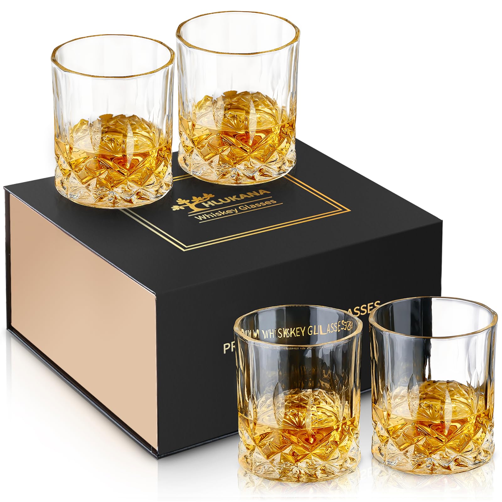 Hlukana Old Fashioned Whiskey Glasses Set of 4, 11 OZ Cocktail Glasses with Luxury Box, Bourbon Cocktail Rocks Scotch Glasses, Barware for Scotch Cocktail Rum Vodka Liquor, Gifts for Men