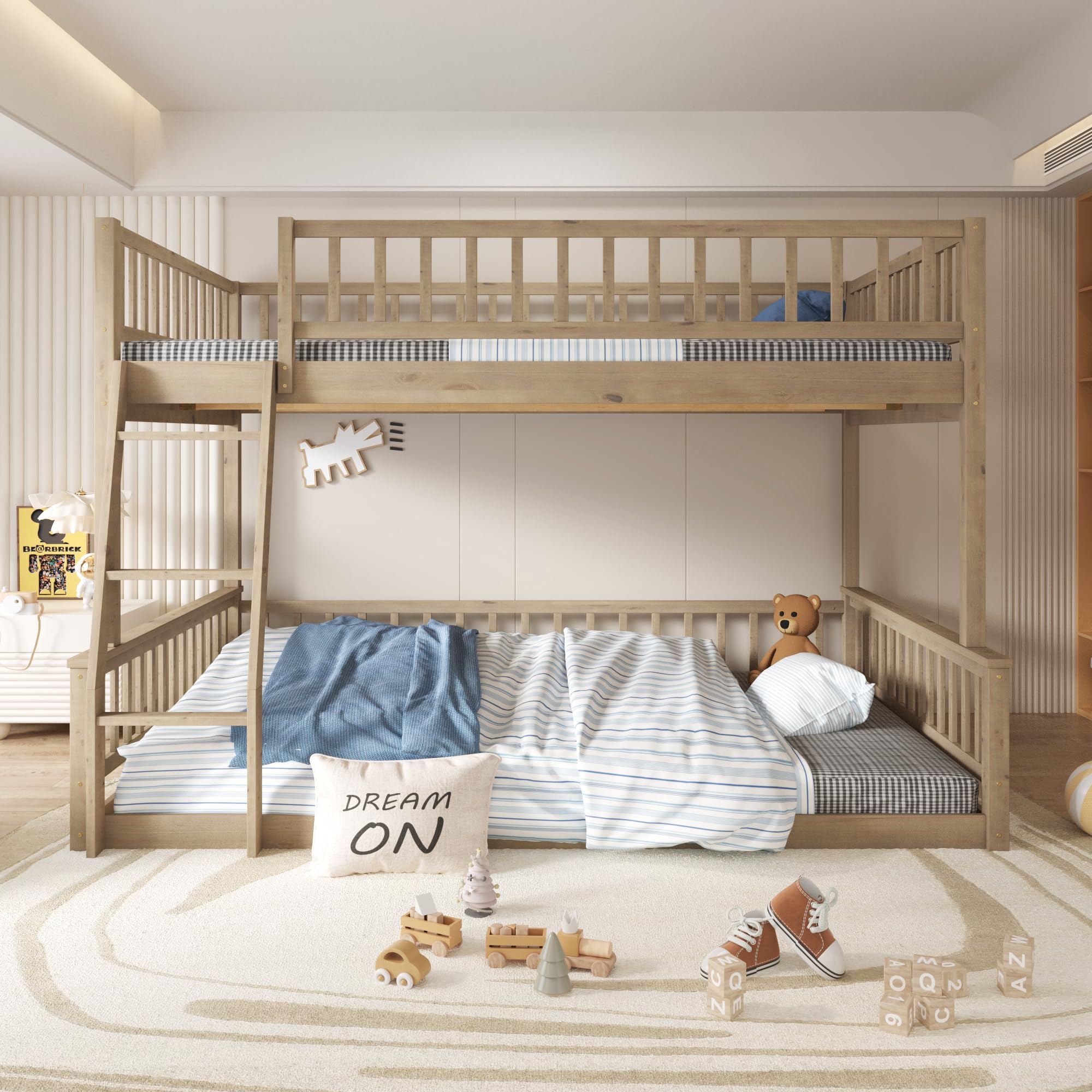 ATY Full XL Over Queen Bunk Bed, Convertible Wooden Bedframe with Ladder and Guardrails, Can Bed Seperated into 2Beds, for Kids Bedroom, Dorm, No Spring Needed, 84.7" L x 63.7" W x 58.3" H,Natural