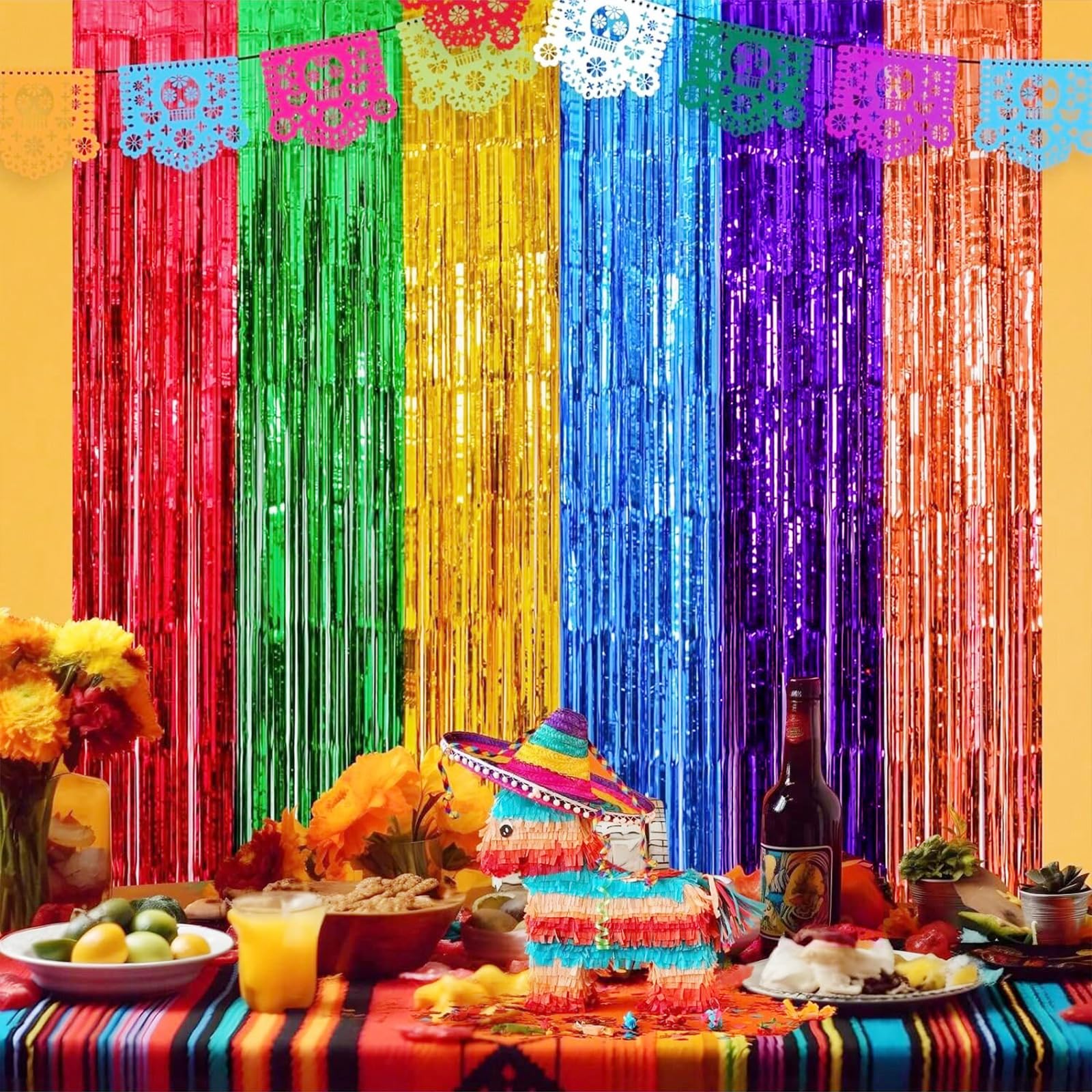 CANREVEL 2 Pack 3.3x8.2 Feet Rainbow Foil Fringe Backdrop Curtains, Tinsel Streamers Birthday Party Decorations, Photo Booth Props Backdrop for Wedding Engagement Bridal Shower Unicorn