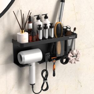 yihoflo hair dryer holder wall mounted adhesive/drilling, hair dryer storage organizer with shelf & hooks. hair dryer rack for bathroom, blow dryer holder, hair tool organizer (black)