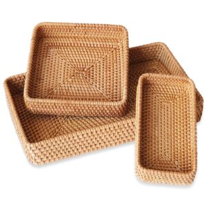 rattan serving tray, set of 3 rectangle woven tray, wicker storage basket wicker baskets for organizing, natural wicker decorative serving baskets for organizing tabletop bathroom kitchen counter