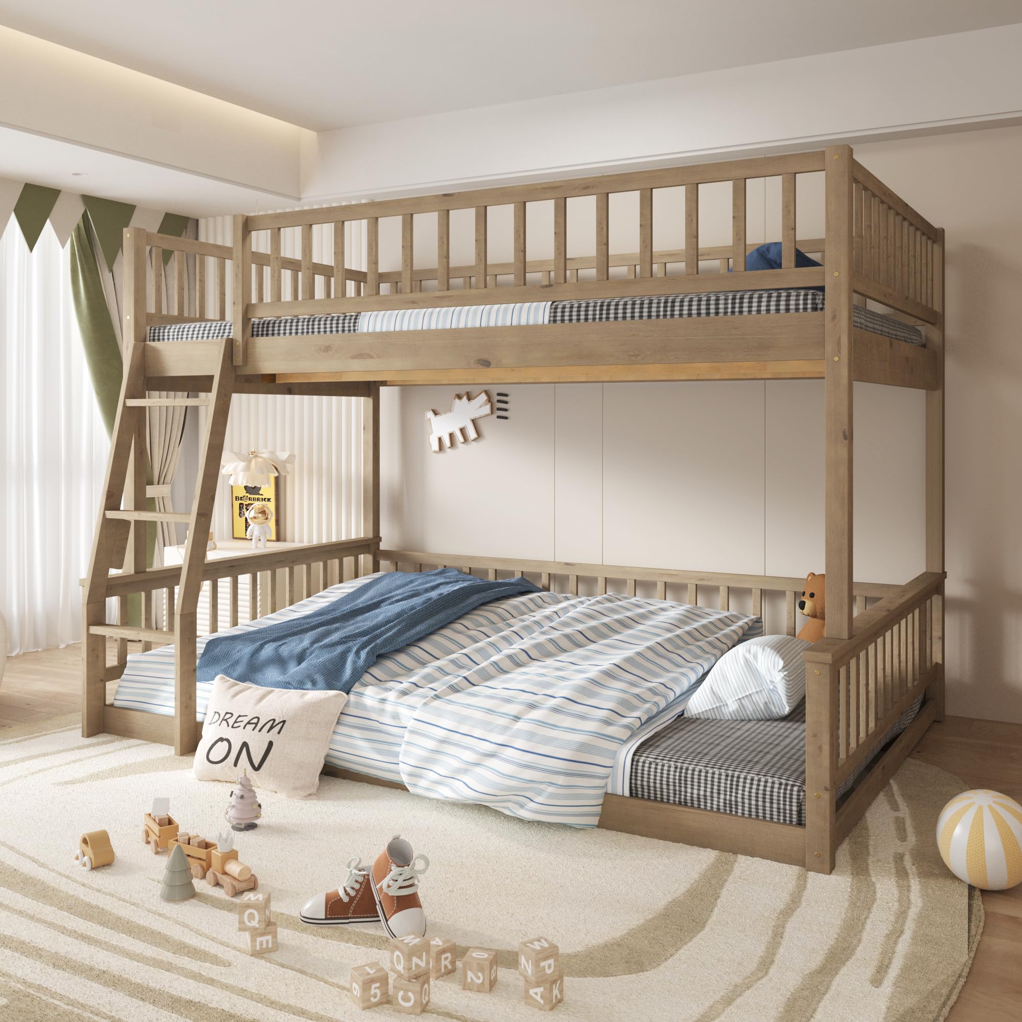 ATY Full XL Over Queen Bunk Bed, Convertible Wooden Bedframe with Ladder and Guardrails, Can Bed Seperated into 2Beds, for Kids Bedroom, Dorm, No Spring Needed, 84.7" L x 63.7" W x 58.3" H,Natural