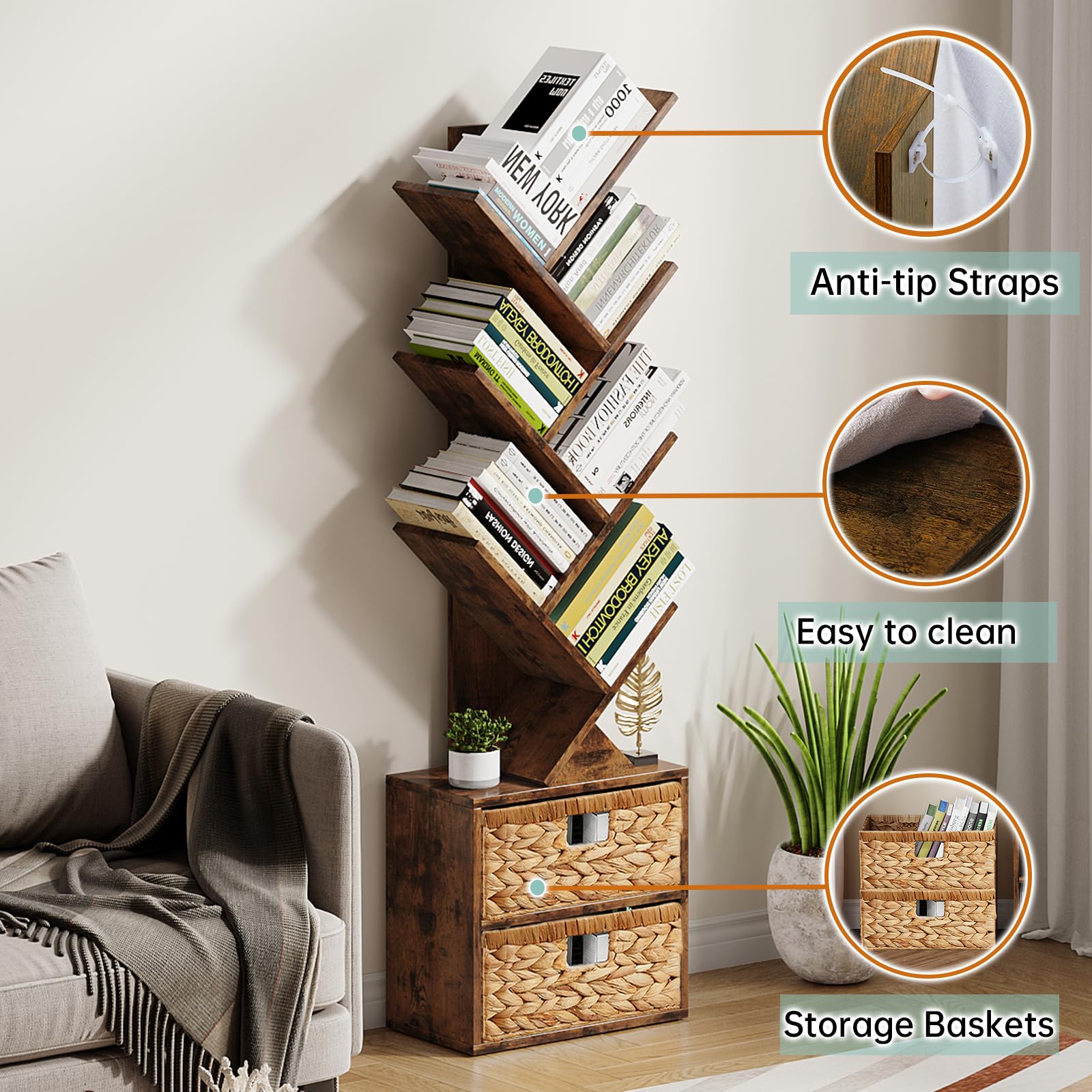 Vagusicc 6 Tier Tree Bookshelf, Modern Floor Standing Bookcase with Storage Drawer, Space Saving Storage Organizer Book Shelves for Books, Tall Wood Storage Rack for Bedroom/Living Room/Home Office