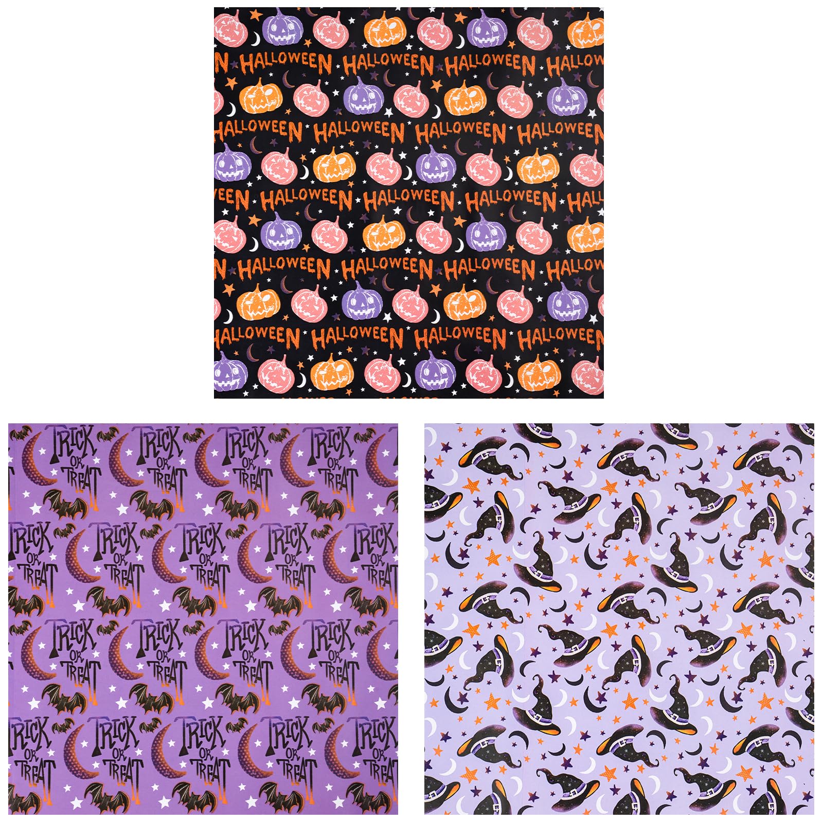 RUSPEPA Halloween Wrapping Paper Rolls - Mini Roll - Perfect for Halloween, Autumn, Holiday - 17 inches x 10 feet per Roll, Total of 3 Rolls - Bat, Pumpkin, Witch Hat