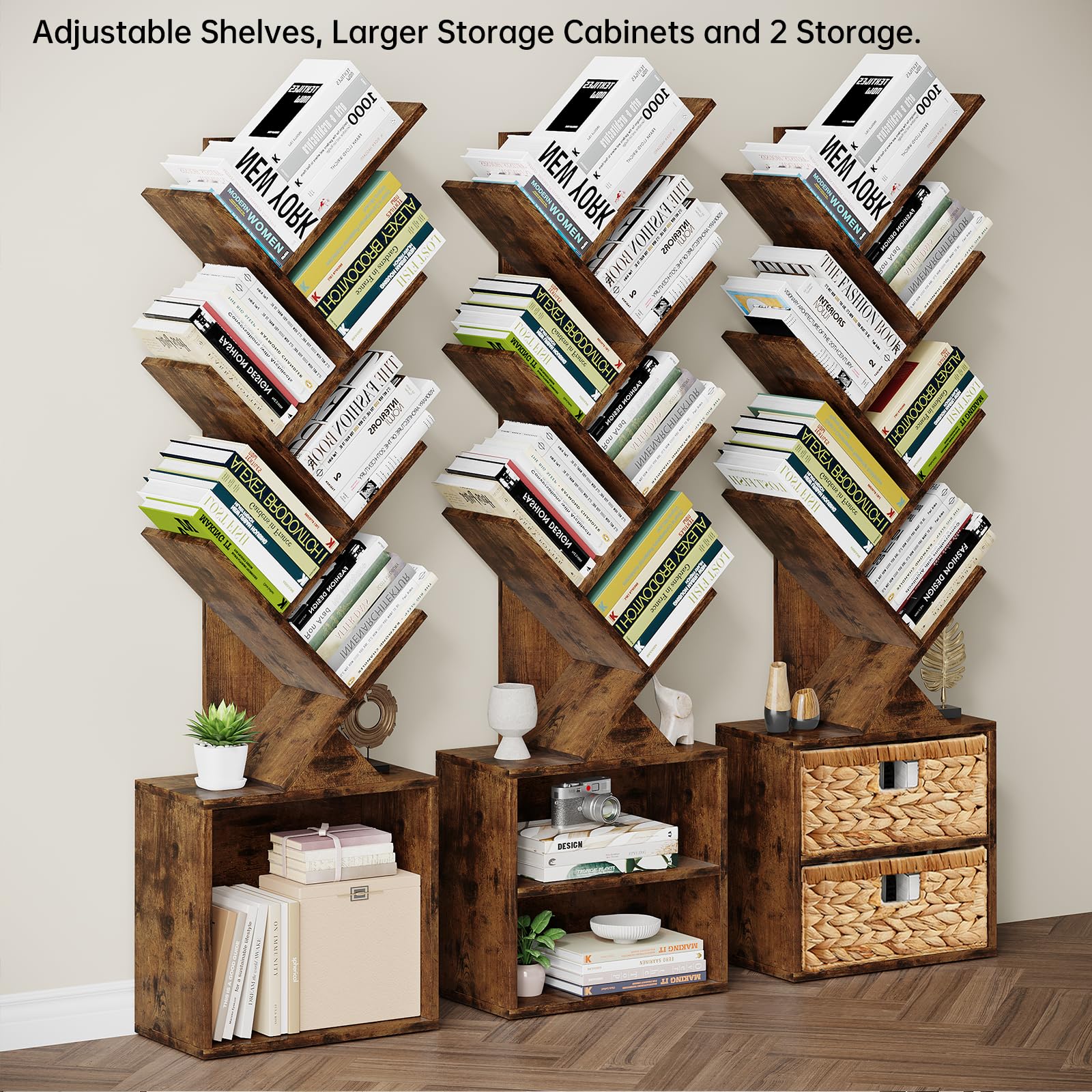 Vagusicc 6 Tier Tree Bookshelf, Modern Floor Standing Bookcase with Storage Drawer, Space Saving Storage Organizer Book Shelves for Books, Tall Wood Storage Rack for Bedroom/Living Room/Home Office