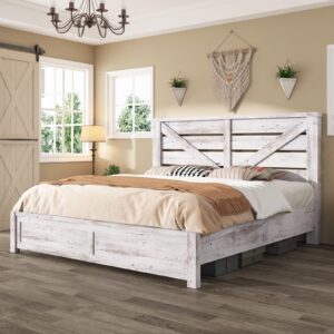 amerlife king size farmhouse bed frame with 49.2" barn door headboard, platform bed frame with wood slats, under bed storage space, easy assembly, noisy free, distressed white