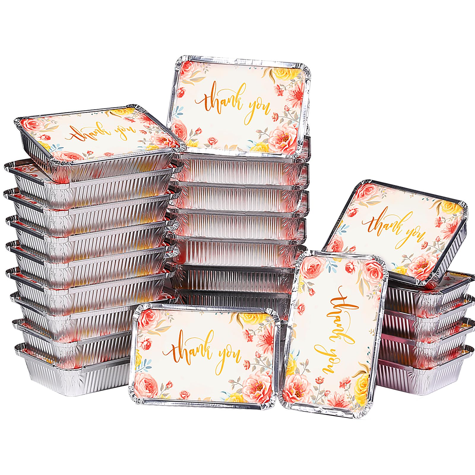 50 Pack Aluminum Pans with Lids Foil Pans with Covers Printed Thank You Floral Disposable Cookie Tins Trays Containers for Baking Cooking Heating Storing Food Prepping Leftovers, 8.3 x 5.5 x 1.8 Inch