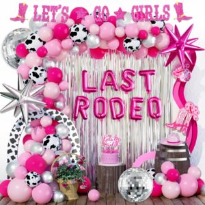 party inspo last rodeo bachelorette party decorations, cowgirl bachelorette party decorations, pink nashville western lets go girls bridal shower, fringe curtain balloon banner cake topper