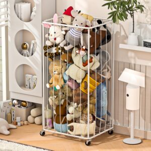 ykdirect 210l stuffed animal organizer plush toy storage organizer toy storage basket, kids toy storage bins with wheels, metal frame and elastic cord design, suitable for storage of any stuff