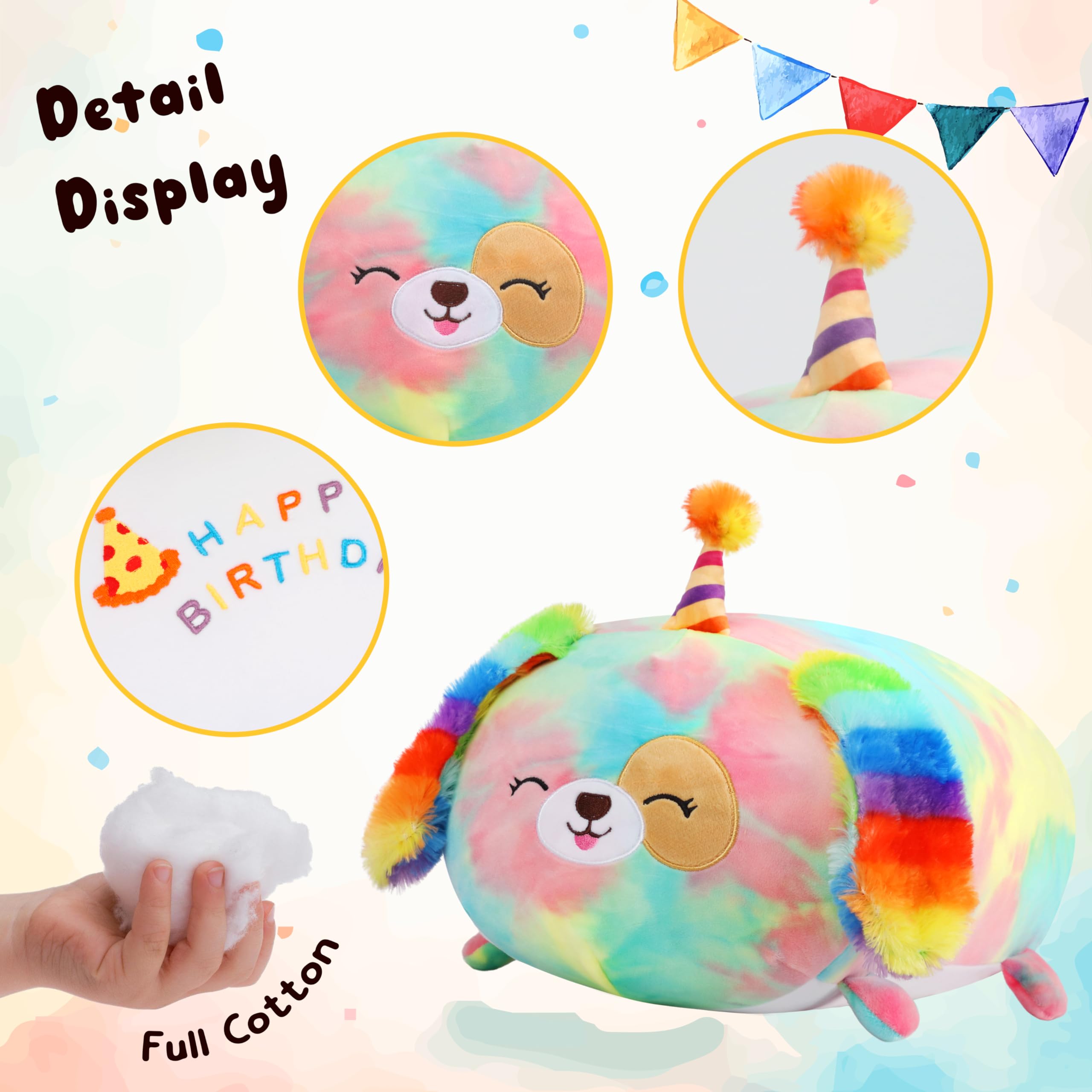 Easfan Rainbow Birthday Dog Plush Body Pillow Puppy Soft Toy Stuffed Animals, Birthday Gifts for Boys Girls, 17 inches