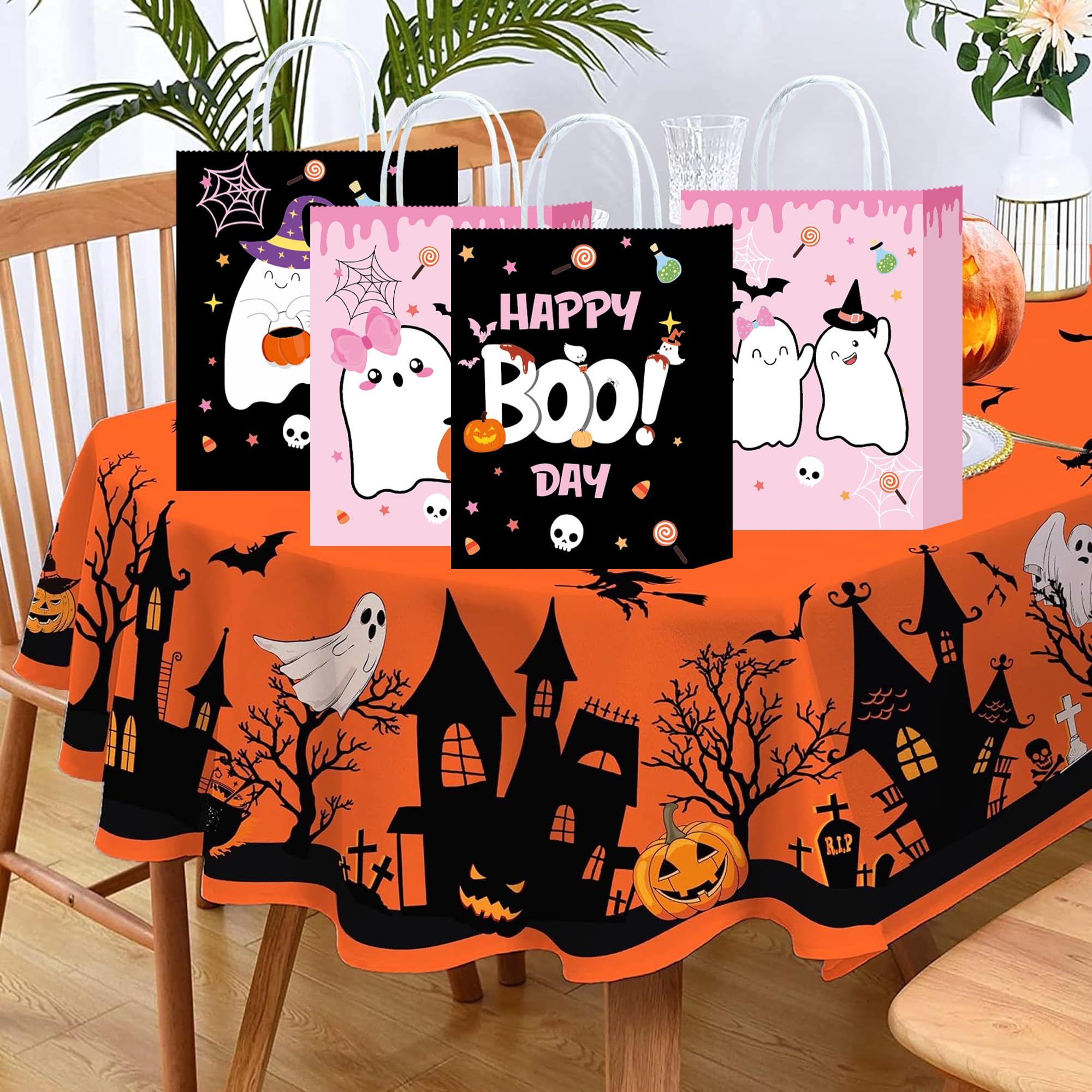 Keioy Halloween Paper Gift Bags 24 Pack, Halloween Themed Treat Bags with 4 Unique Designs (6 Pcs Each) for Happy Boo Day, Pumpkin Gifts, Ghost Party Favors, Perfect Halloween Goody Bags for Parties