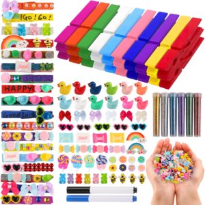 80pcs cheer pins spirit clips clothes pins wooden cheer pins for backpacks include 90pcs mini resin ducks mini bows cheer clothes pins decorations ribbon team classroom cheer gifts bulk（colorful wood）