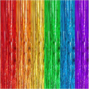 canrevel 2 pack 3.3x8.2 feet rainbow foil fringe backdrop curtains, tinsel streamers birthday party decorations, photo booth props backdrop for wedding engagement bridal shower unicorn