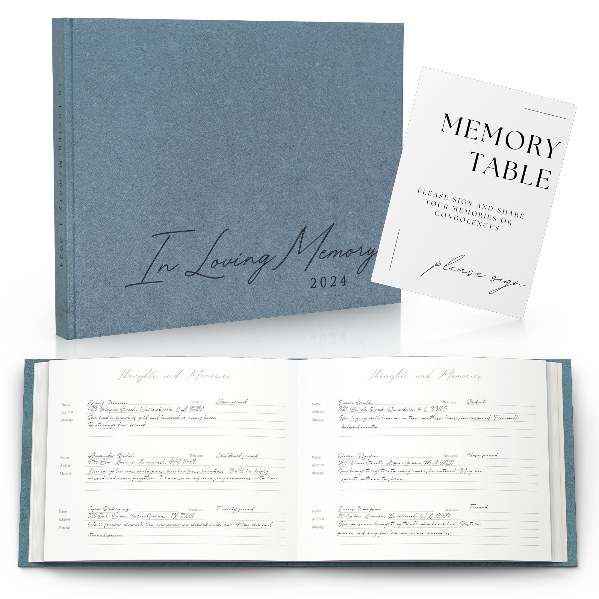 Funeral Guest Book for 2024 Celebration Of Life Memorial Service - Leather Memory Book for Funeral Guests to Sign In with Condolence Memory Table Sign & Back Pocket - Blue Guestbook