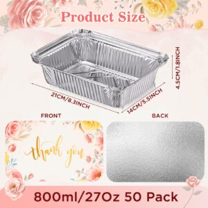 50 Pack Aluminum Pans with Lids Foil Pans with Covers Printed Thank You Floral Disposable Cookie Tins Trays Containers for Baking Cooking Heating Storing Food Prepping Leftovers, 8.3 x 5.5 x 1.8 Inch