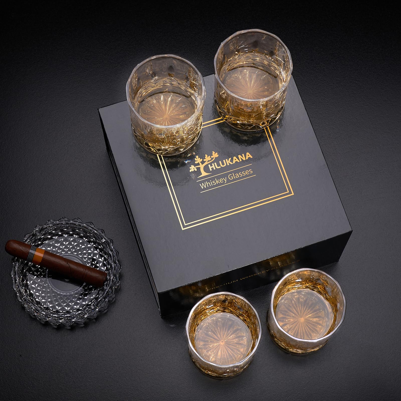 Hlukana Old Fashioned Whiskey Glasses Set of 4, 11 OZ Cocktail Glasses with Luxury Box, Bourbon Cocktail Rocks Scotch Glasses, Barware for Scotch Cocktail Rum Vodka Liquor, Gifts for Men