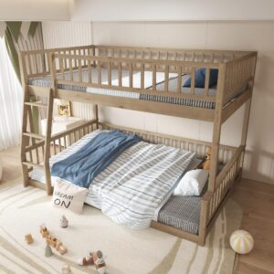 aty full xl over queen bunk bed, convertible wooden bedframe with ladder and guardrails, can bed seperated into 2beds, for kids bedroom, dorm, no spring needed, 84.7" l x 63.7" w x 58.3" h,natural