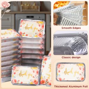 50 Pack Aluminum Pans with Lids Foil Pans with Covers Printed Thank You Floral Disposable Cookie Tins Trays Containers for Baking Cooking Heating Storing Food Prepping Leftovers, 8.3 x 5.5 x 1.8 Inch