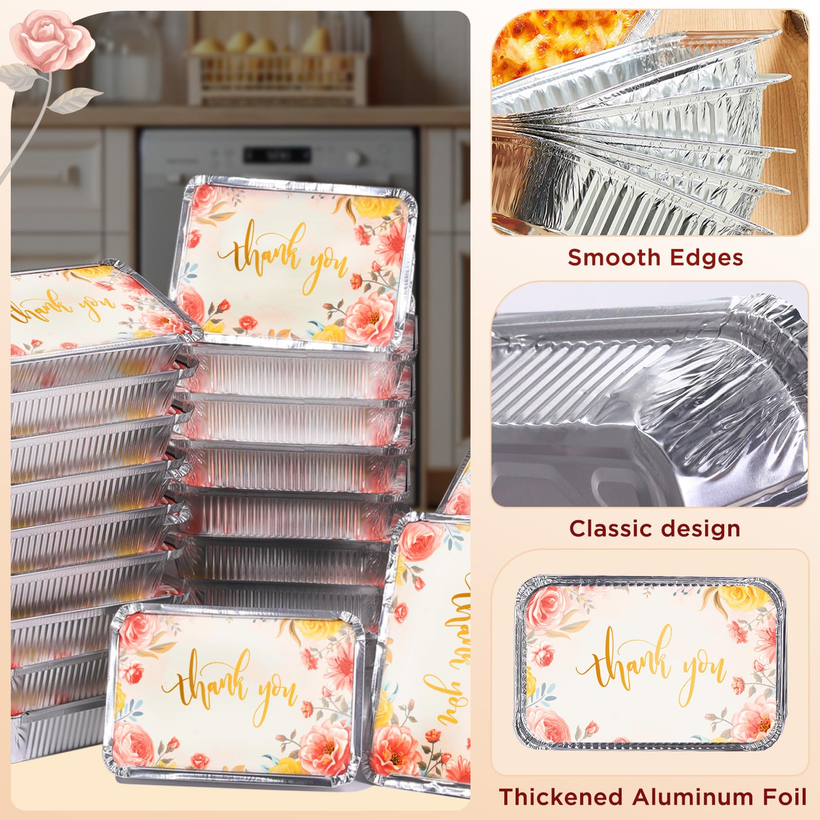 50 Pack Aluminum Pans with Lids Foil Pans with Covers Printed Thank You Floral Disposable Cookie Tins Trays Containers for Baking Cooking Heating Storing Food Prepping Leftovers, 8.3 x 5.5 x 1.8 Inch