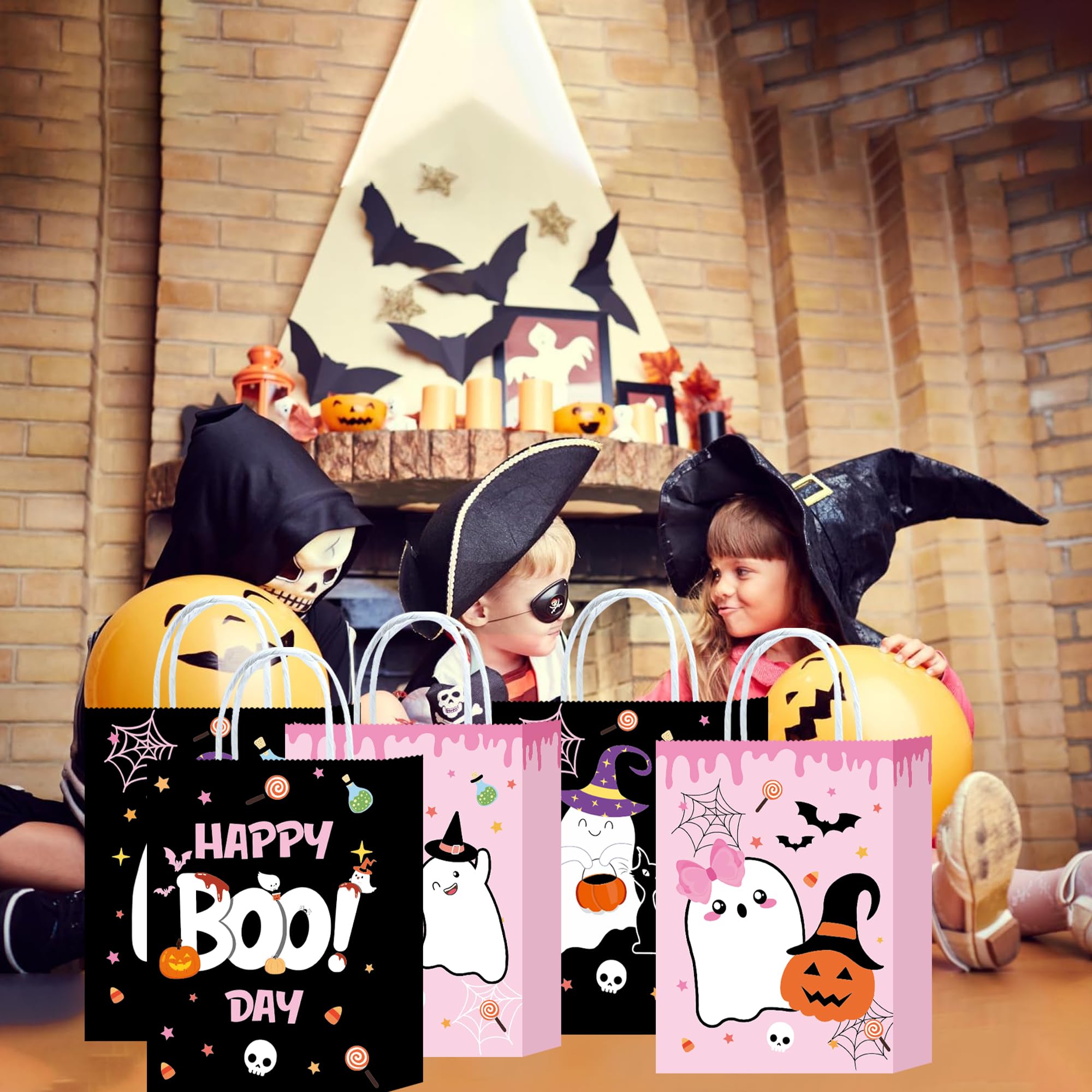 Keioy Halloween Paper Gift Bags 24 Pack, Halloween Themed Treat Bags with 4 Unique Designs (6 Pcs Each) for Happy Boo Day, Pumpkin Gifts, Ghost Party Favors, Perfect Halloween Goody Bags for Parties