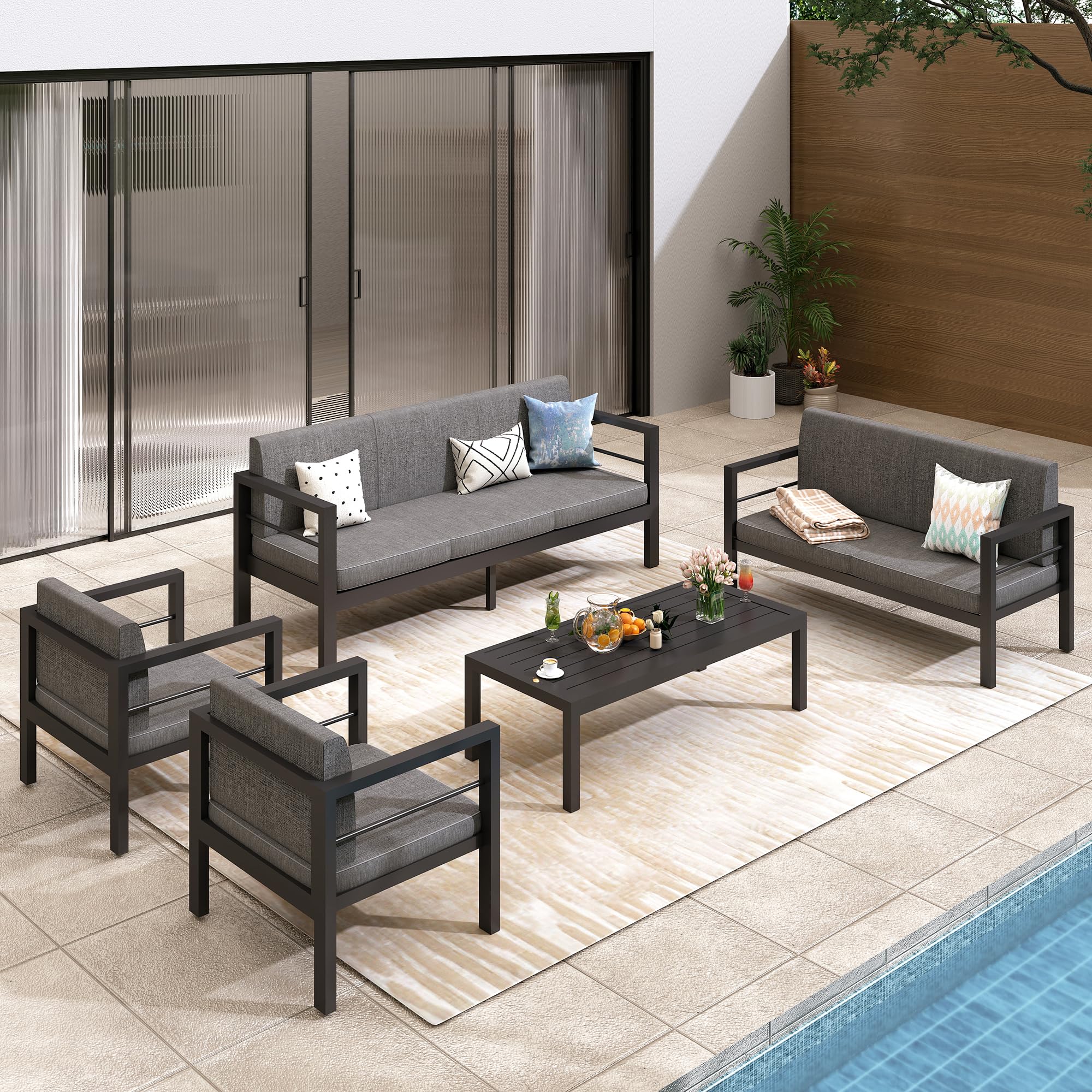 GARTOO Outdoor Aluminum Furniture Set - 5 Pieces Modern Patio Conversation Sofa Sets with Upgraded Removable Cushion, Outside Sectional Sofas Sets with Coffee Table for Balcony, Backyard, Poolside