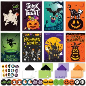 decorably 24 pack happy halloween cards with envelopes & stickers - 8 designs blank inside halloween cards and envelopes, 4x6in halloween cards for kids, halloween note cards, halloween greeting cards