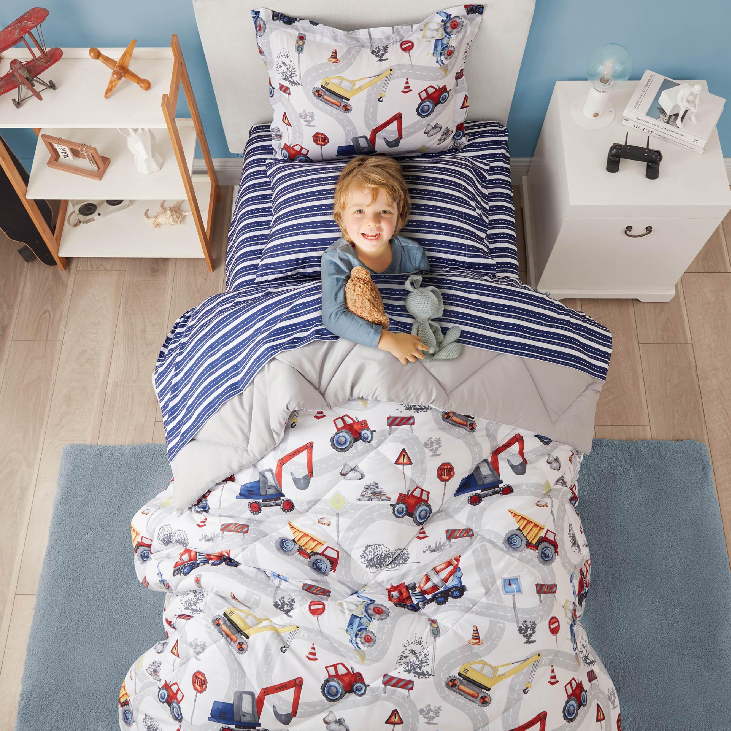 PPOLCA Truck Twin Comforter Set for Boys,5 Pieces Kids Bedroom Bedding Set with Sheets and Pillowcase,Super Soft Lightweight for All Seasons,Car,Machine Washable