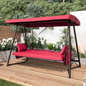 3 to 4 seat porch swing, 2-in-1 outdoor swing bed with adjustable backrest canopy 800 lbs capacity patio swing chair with stand cushions pillows for backyard