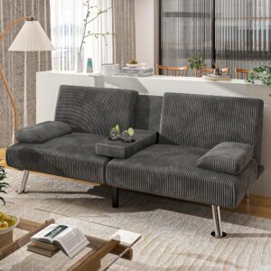 yeshomy futon sofa bed corduroy folding couch with removable armrests, metal legs, 2 cup holders for living room, grey