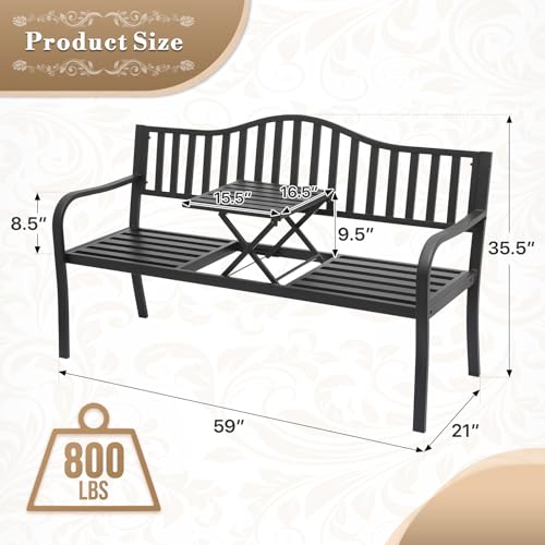 Athena Collection Patio Garden Bench with Pullout Middle Table Garden Bench with Back Metal Slatted Bench with Armrest Outdoor Bench Chair Patio Furniture for Porch, Park, Garden, Farmhouse, Black