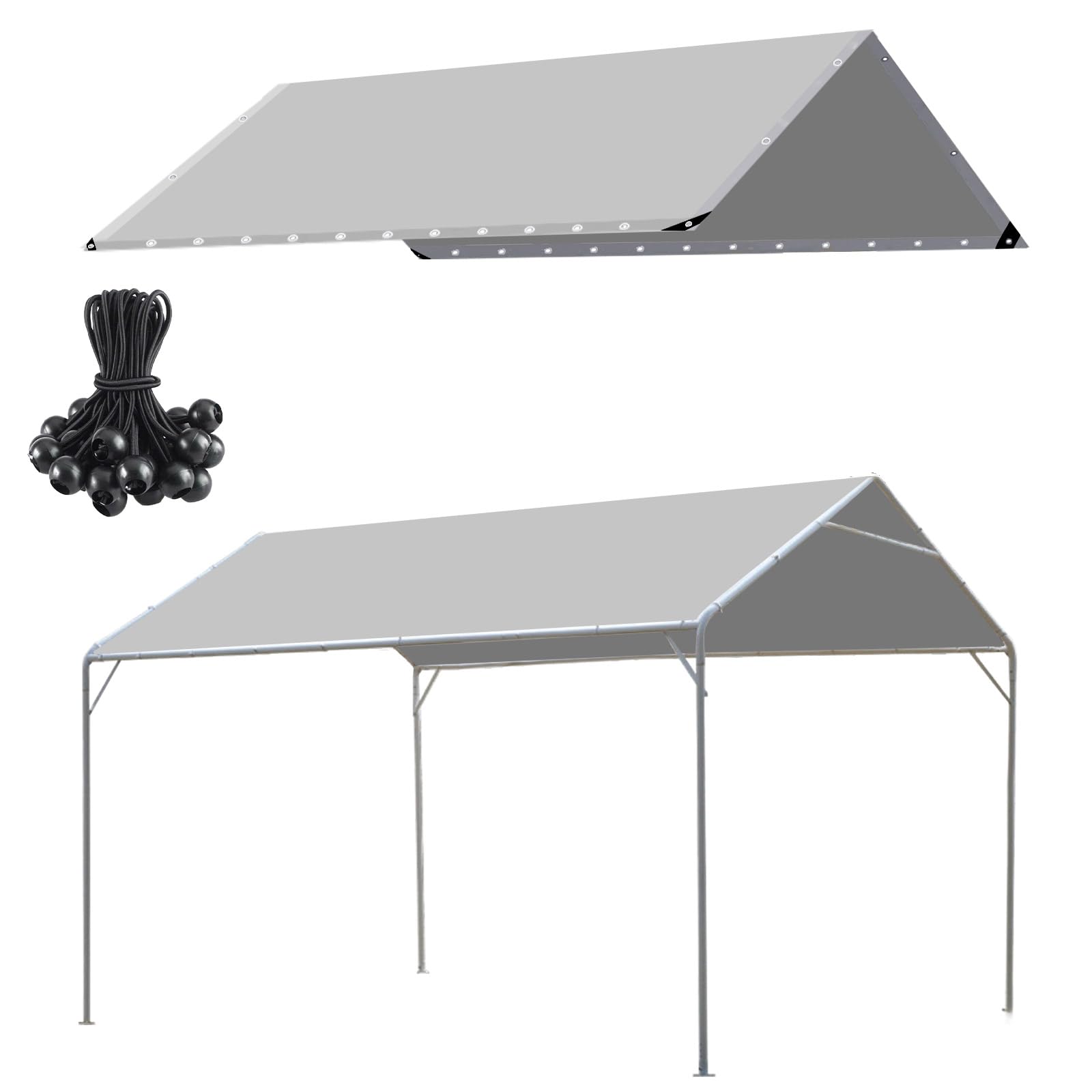 BOUTICOL 10 x 20 Ft Heavy Duty Carport Replacement Canopy Cover Waterproof & UV Protected Garage Top Tent Shelter Tarp Cover with 44 Ball Bungees Cords, Only Top Cover, Grey