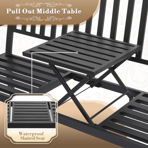 Athena Collection Patio Garden Bench with Pullout Middle Table Garden Bench with Back Metal Slatted Bench with Armrest Outdoor Bench Chair Patio Furniture for Porch, Park, Garden, Farmhouse, Black