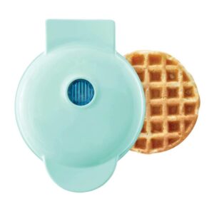 mini maker for individual waffles, hash browns, keto chaffles with easy to clean, non-stick surfaces, 4 inch, waffles in minutes (aqua)