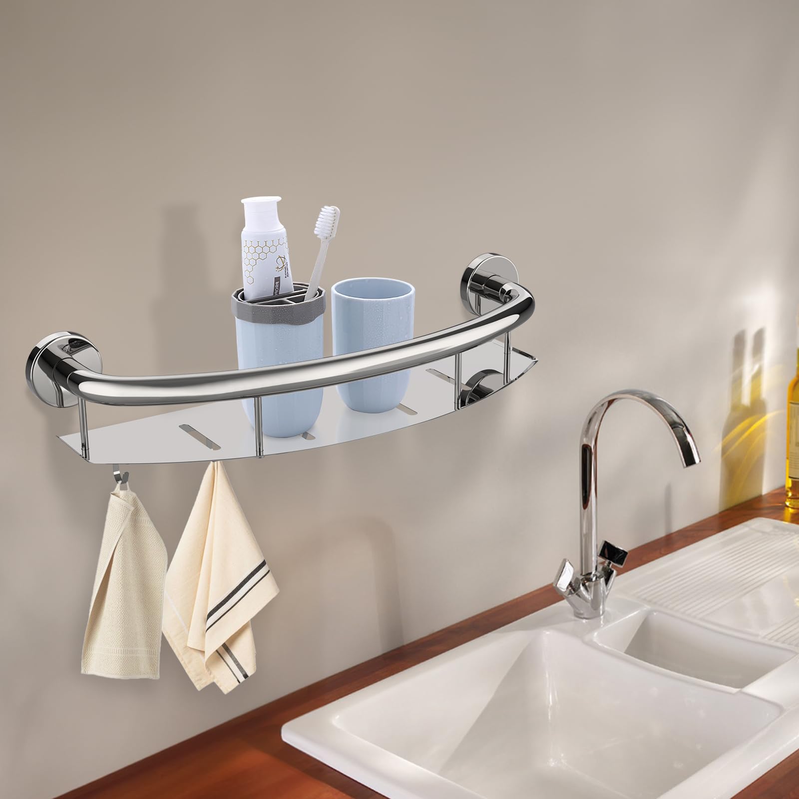 Polished Chrome Shampoo Shelf Grab Bar 18 Inch, Zepolu Stainless Steel 2-in-1 Decorative Grab Bar w/Tray, Bath and Shower Safety Handle, Wall Mounted Handrail Balanced Support Assist Bar for Senior