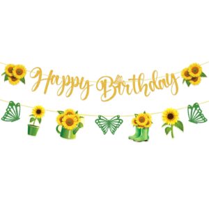 qamegx sunflower birthday party decorations- 2pcs rustic sunflower bunting banner with glitter butterfly sun flower happy birthday banner for wedding engagement bridal baby shower anniversary graduation party supplies