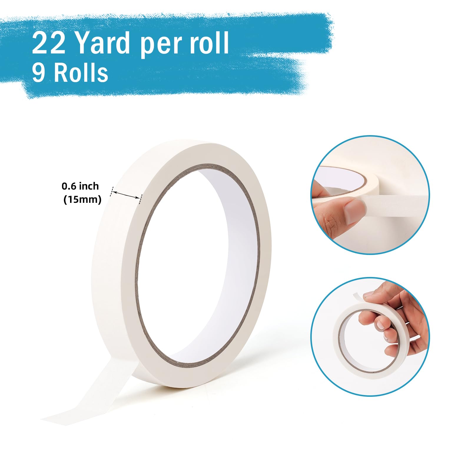 DUIJINYU 9 Rolls Masking Tape Bulk 0.6 Inch - Narrow White Painters Tape General Purpose for Packing Crafting DIY Home Office 3/5 Inch x 22 Yards