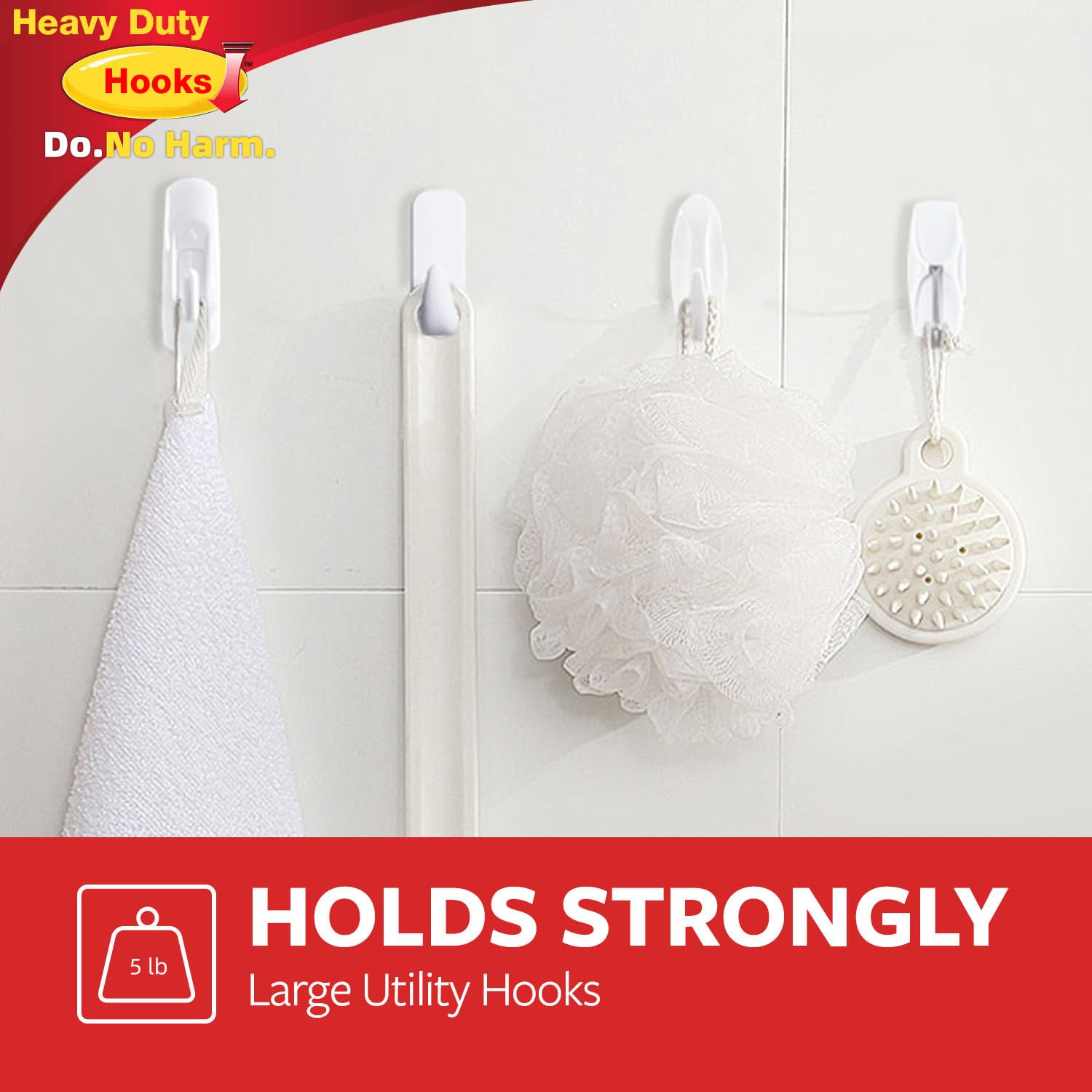 Utility Wall Hooks for Hanging Large 10 Hooks, Damage Free Hanging Wall Hooks with Adhesive Strips, Heavy Duty Adhesive Hooks Damage Free for Key Holder, Coat, Door, Shower Hanging