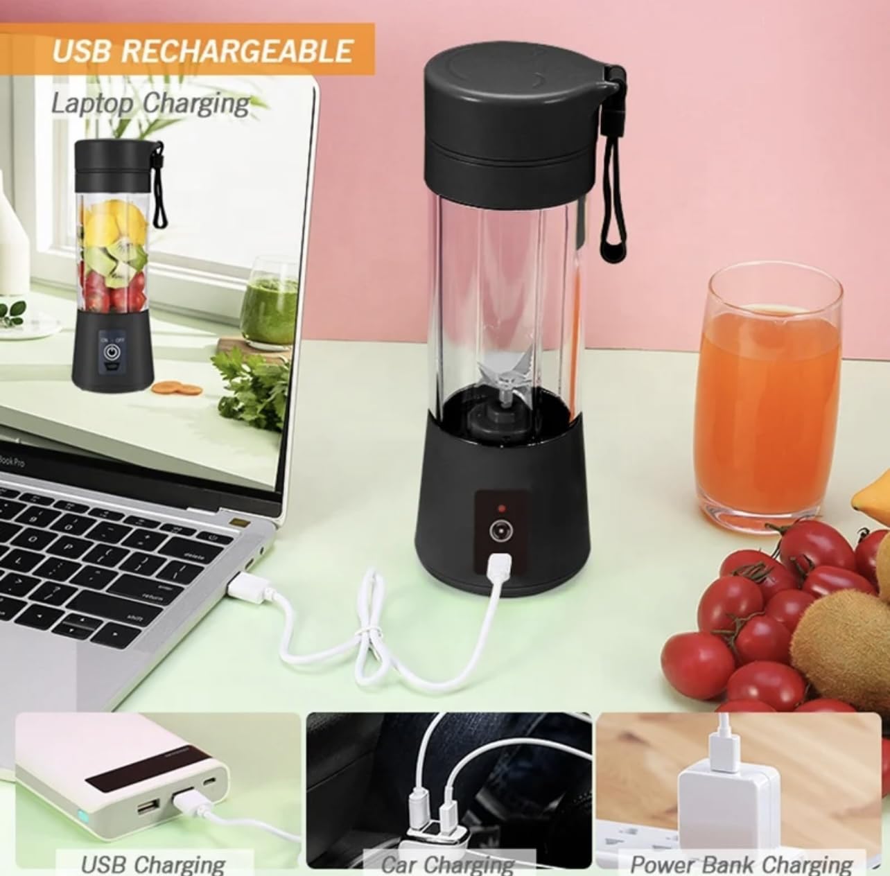 Portable Blender, Mini Personal Blender for smoothies USB Rechargeable On The Go Mixer Electric Blender Personal Size Rechargeable USB, 380Ml Juicer Cup With 6 Blades (Black), Medium