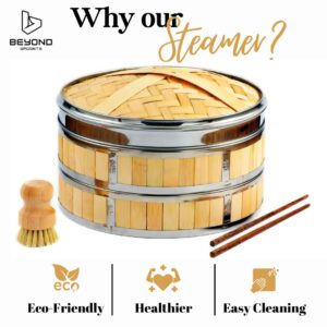 Beyond Gadgets Bamboo Steamer with Steel Reinforcement - 12-Inch 2-Tier Durable & Eco-Friendly Steamer for Healthy Cooking