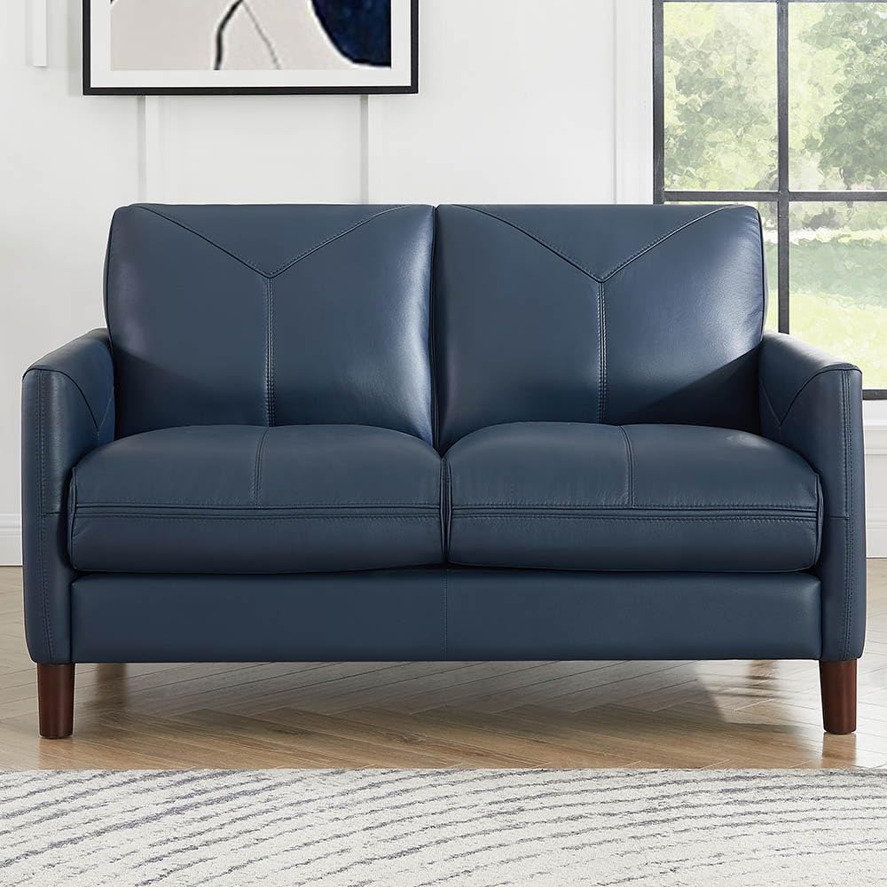 Hydeline Yorkdale Top Grain Leather Loveseat, Bristol Navy, Feather Down, Memory Foam and Pocket Coils