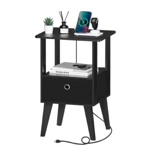 lelelinky nightstand with charging station,mid century modern night stand with fabric drawer and open storage shelf, bedside table with usb ports and outlets, small end table for bedroom, black